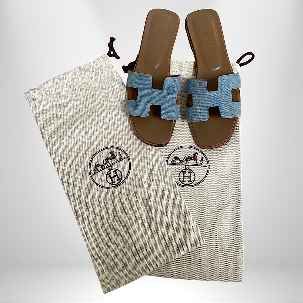 Hermes Oran Denim 'Toile De Jean' Slide Sandals - Gem